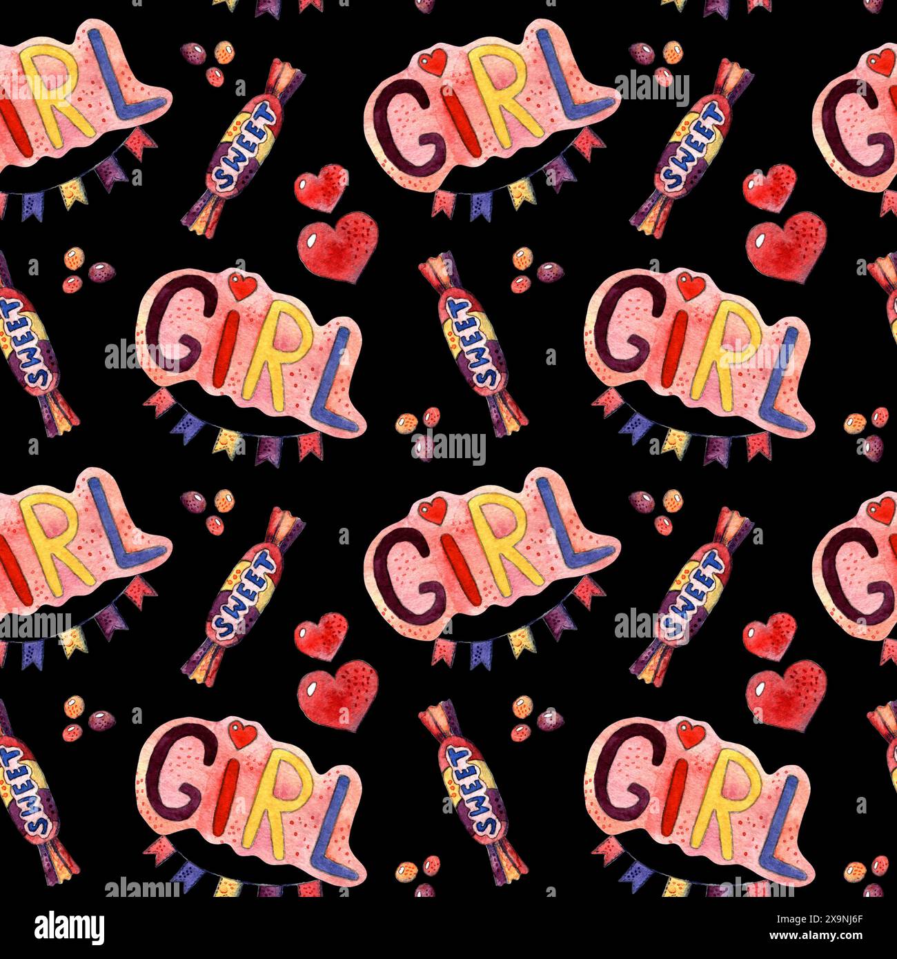 A seamless pattern featuring the word girl on a black background ...