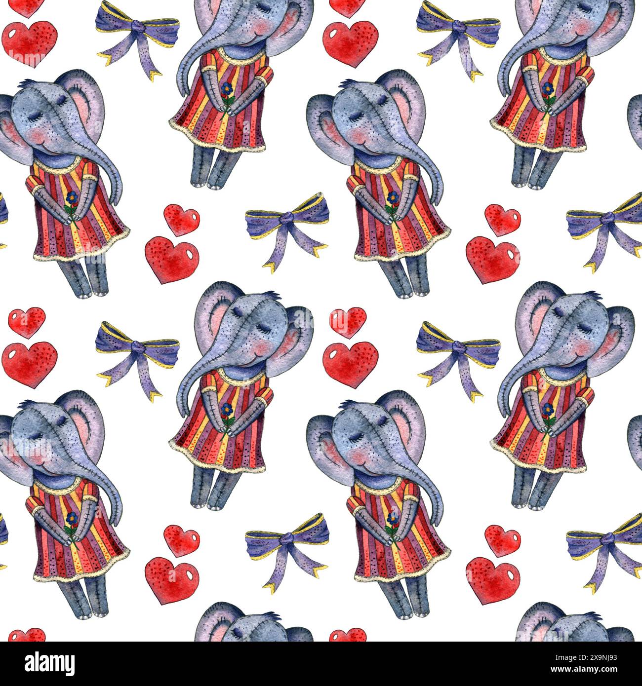 A seamless pattern of cute elephants wearing dresses adorned with bows ...