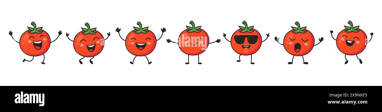 Flat Vector Cartoon Cute and Funny Tomato Character. Dancing, Smiling ...