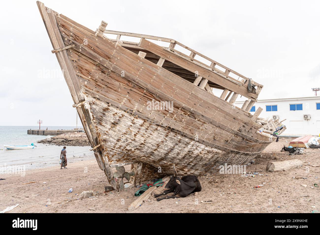 Waterfront of Tadjoura with beach, boats and people, Republic of ...