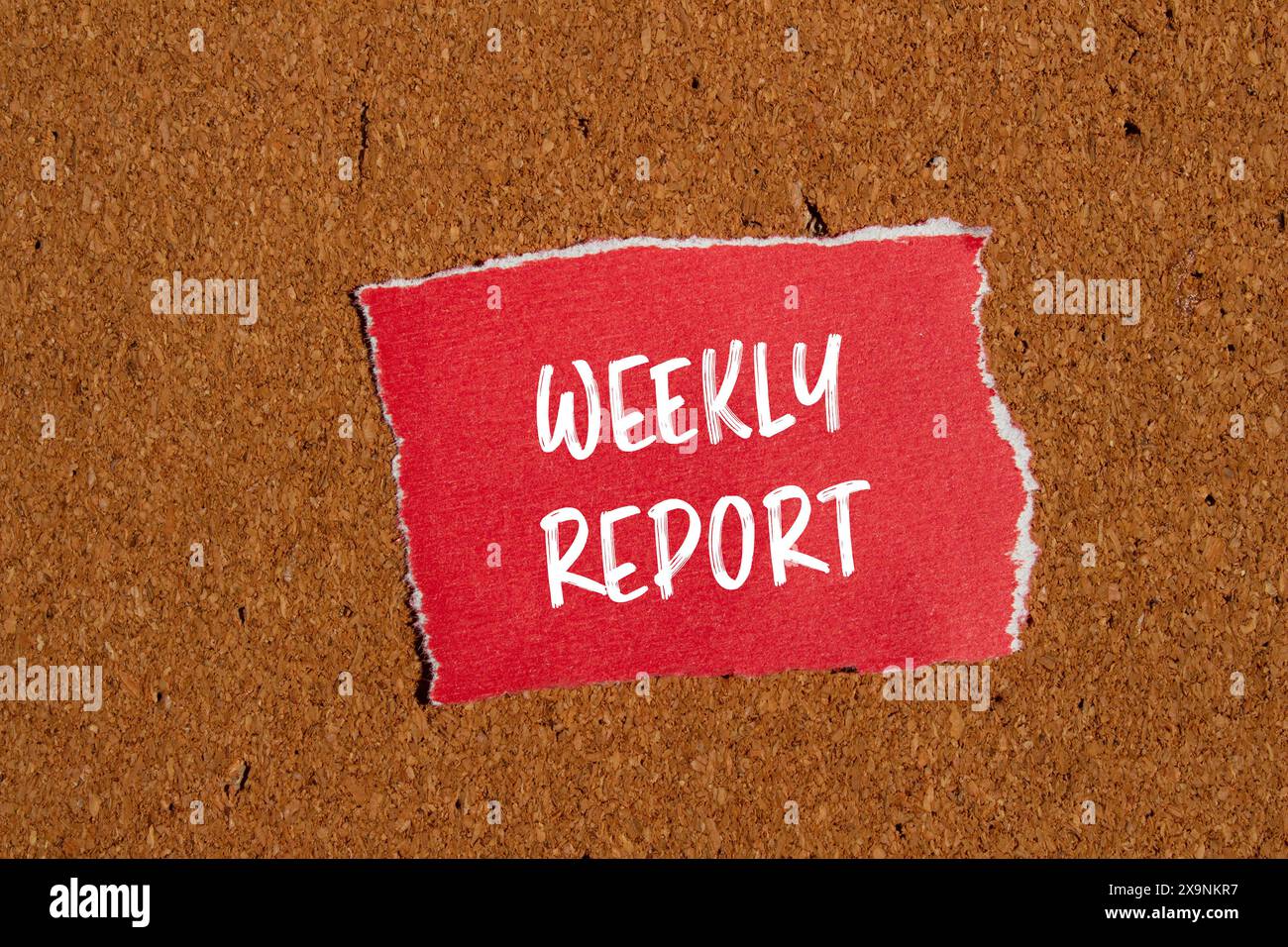 Weekly report words written on ripped red paper piece with brown ...