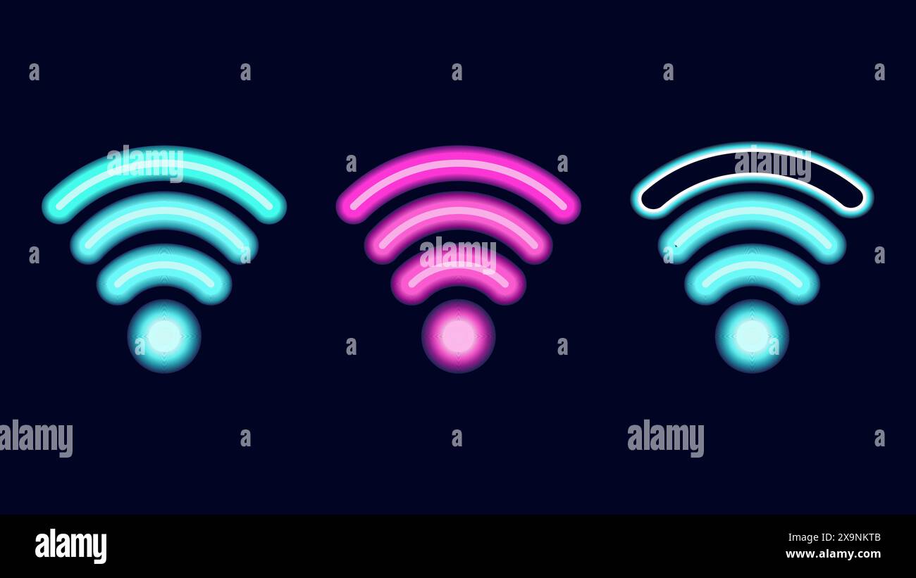 WiFi symbols neon effect dark background. Waves Wi Fi signal icon ...