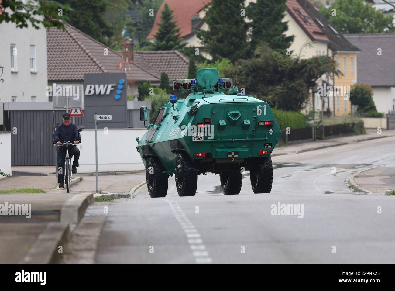 Offingen, Germany. 02nd June, 2024. A police vehicle blocks a road ...