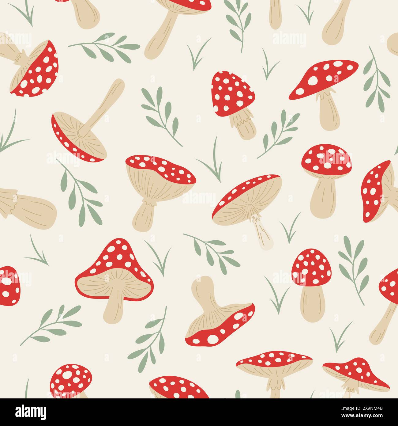 Vector Seamless Pattern With Hand Drawn Cartoon Fly Agaric Mushrooms