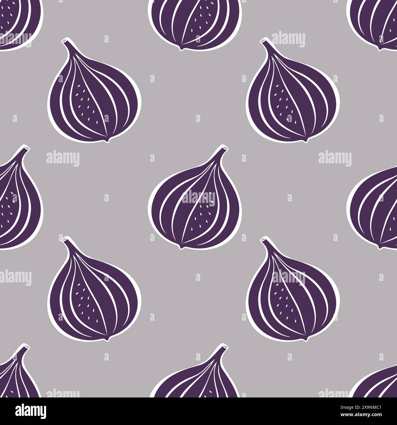 Pattern with dark purple figs fruits, stylized drawing on gray ...