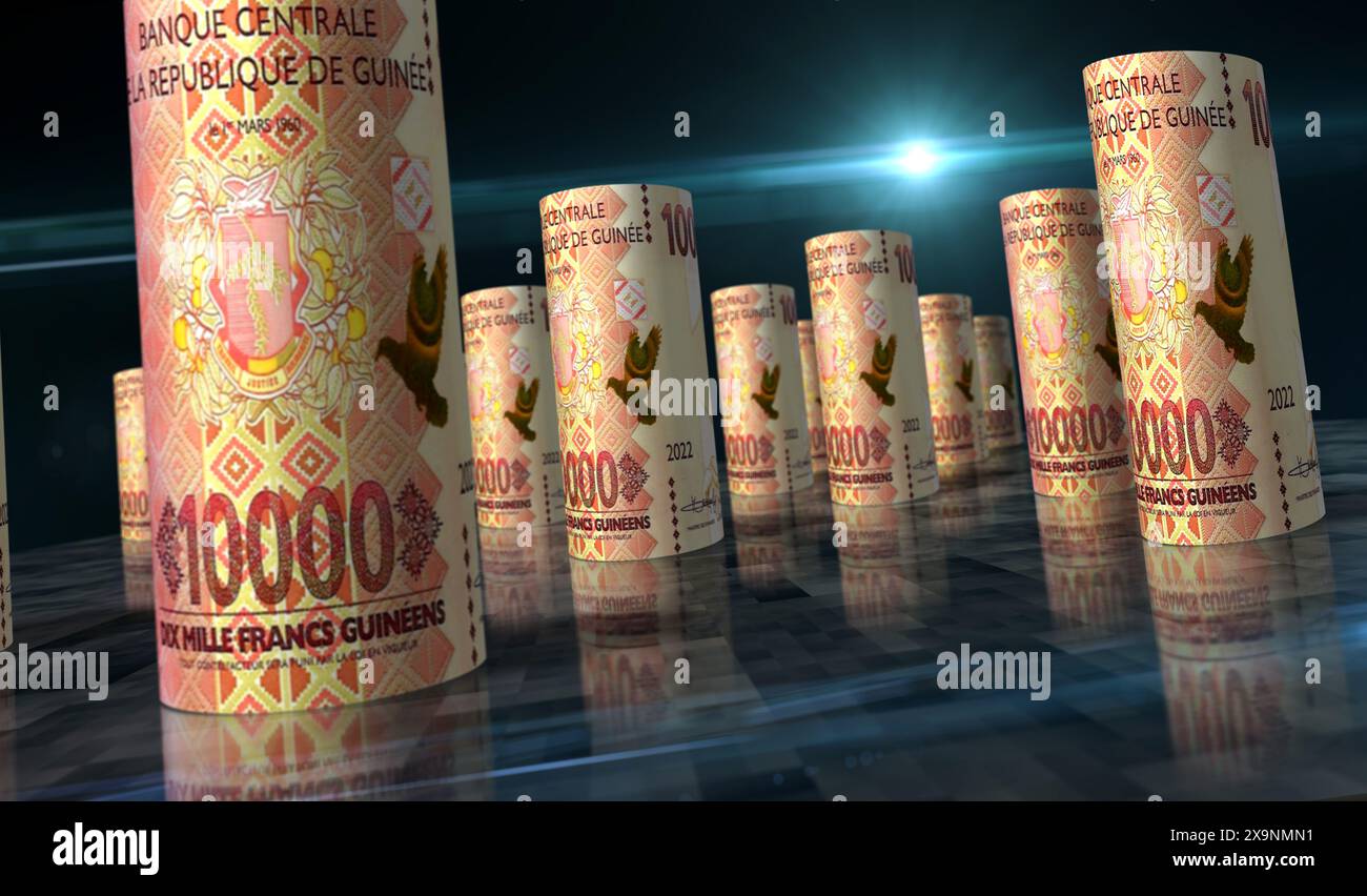Guinea money Guinean francs money rolls 3d illustration. 10000 GNF ...