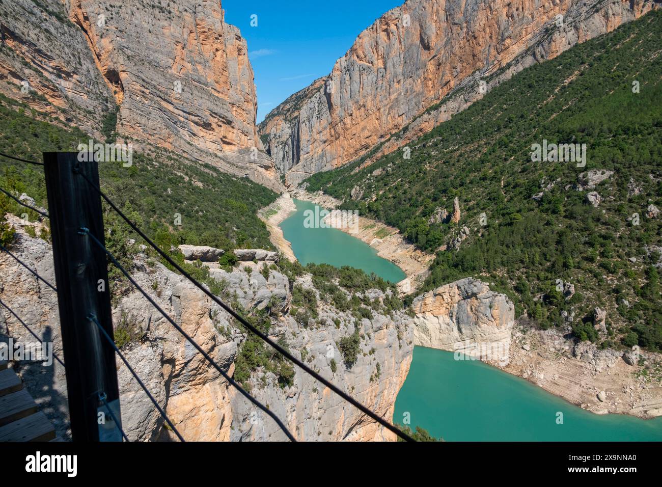 Vertiginous impressive hanging footbridges of Montfalco., Spain Stock ...