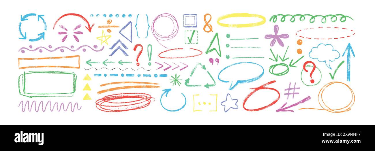 Hand drawn crayon texture arrows, speech bubbles, punctuation marks and pencil circles. Chalk ...