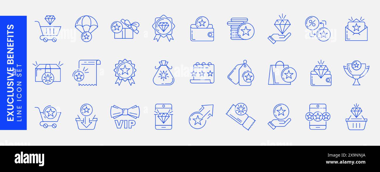 Exclusive benefit thin line icons. Loyalty program linear blue icon set ...