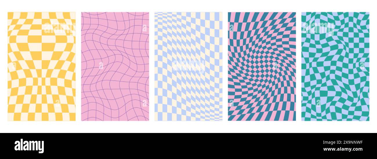 Psychedelic checkerboard background set with wavy grid tile. Checkered seamless geometric ...