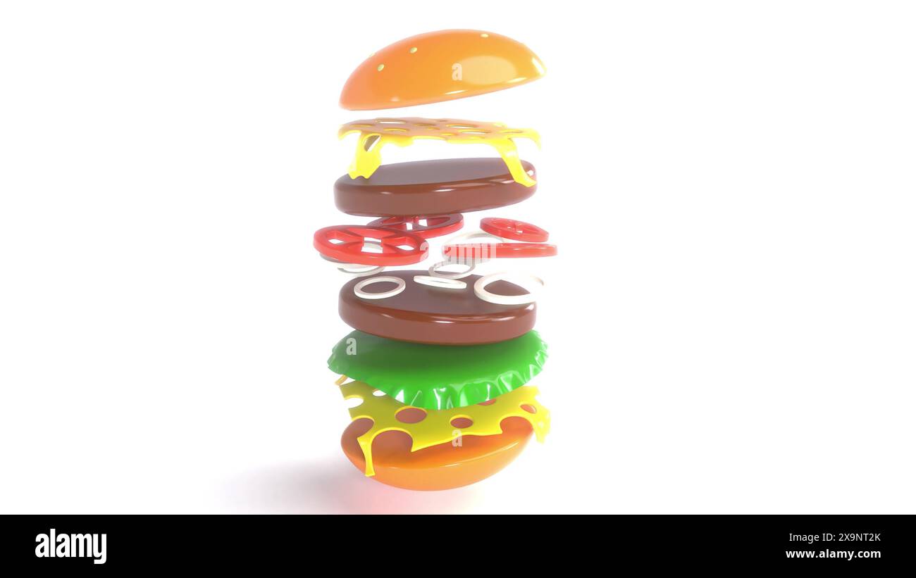 Flying slice cheeseburger burger with flying elements 3d render Stock ...
