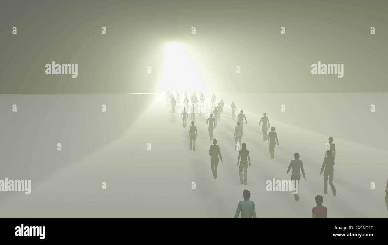 Group of people walking into a shine gate door shaped like a keyhole 3d ...