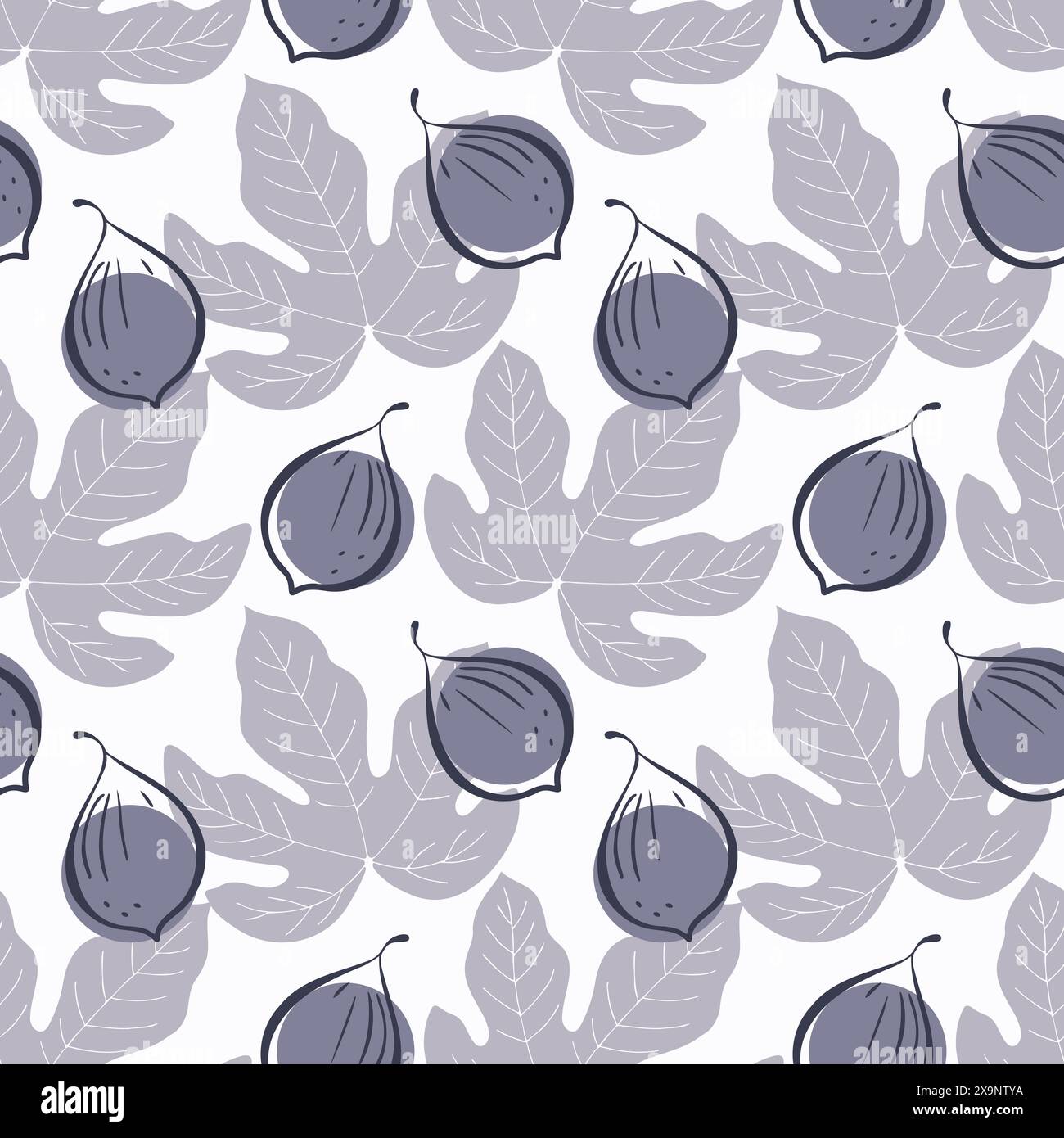 Figs seamless pattern with fruits and leaves, gray colors. White ...
