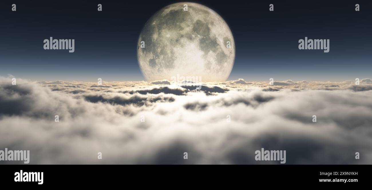 above clouds full moon illustration, 3d rendering Stock Photo - Alamy