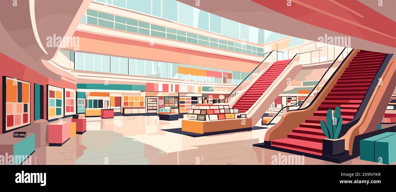 A large shopping mall with a red staircase Stock Vector Image & Art - Alamy