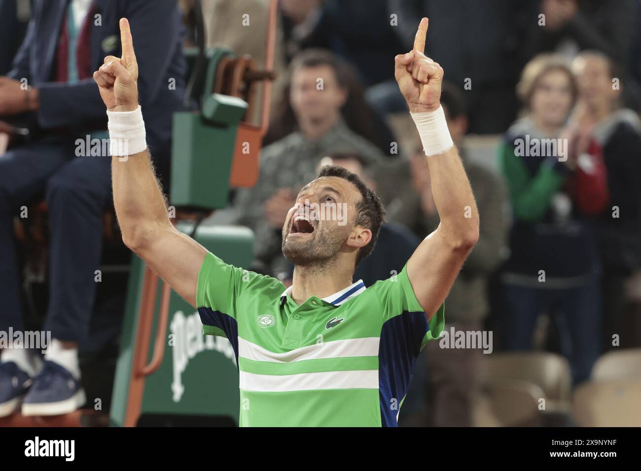 Grigor Dimitrov of Bulgaria celebrates his third round victory during ...
