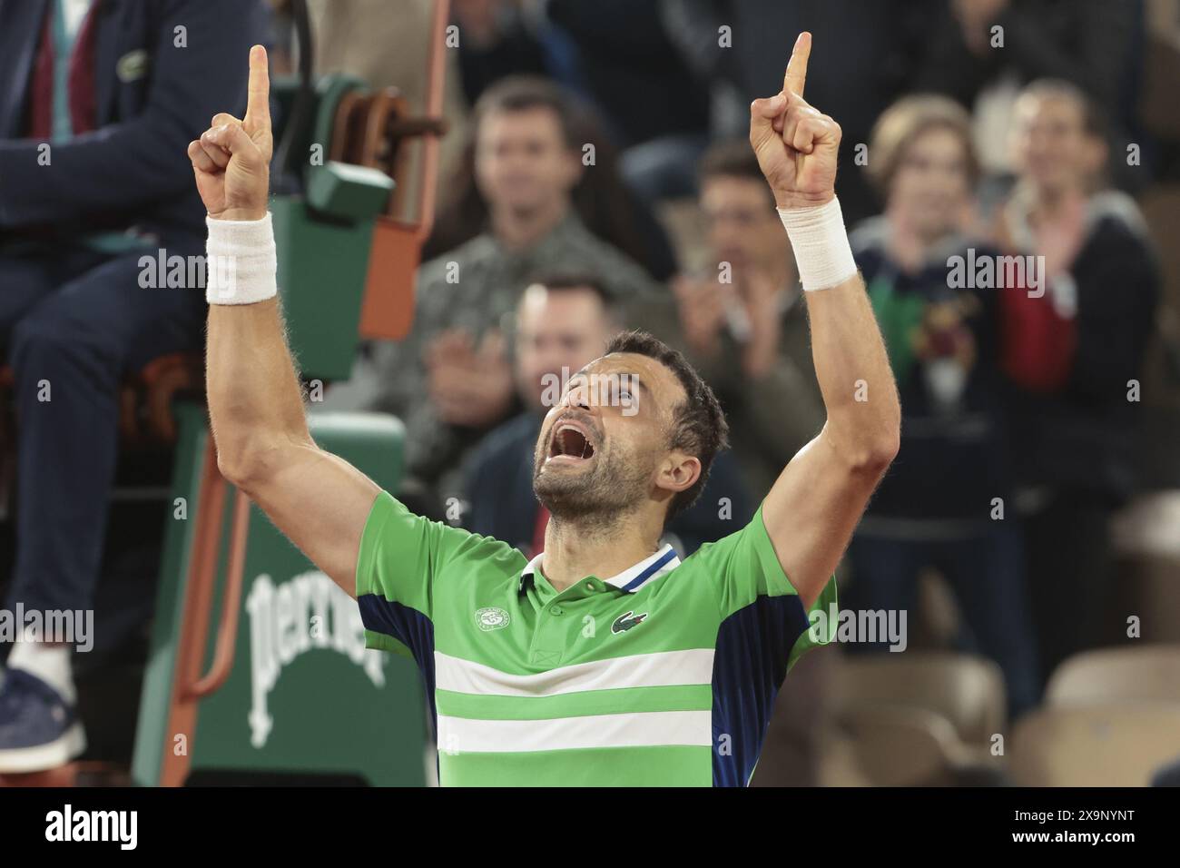 Grigor Dimitrov of Bulgaria celebrates his third round victory during ...