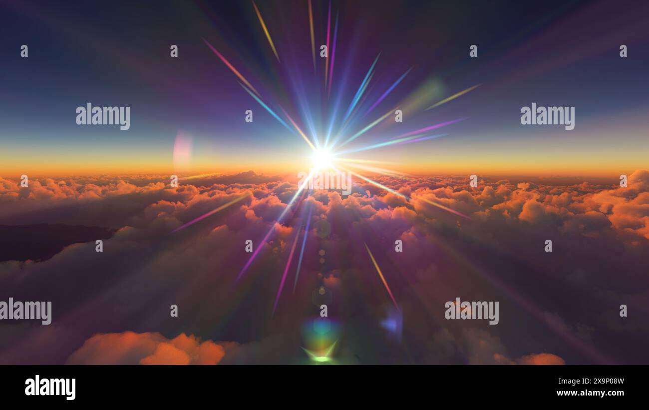 above clouds fly sunset sun ray illustration, 3d render Stock Photo - Alamy