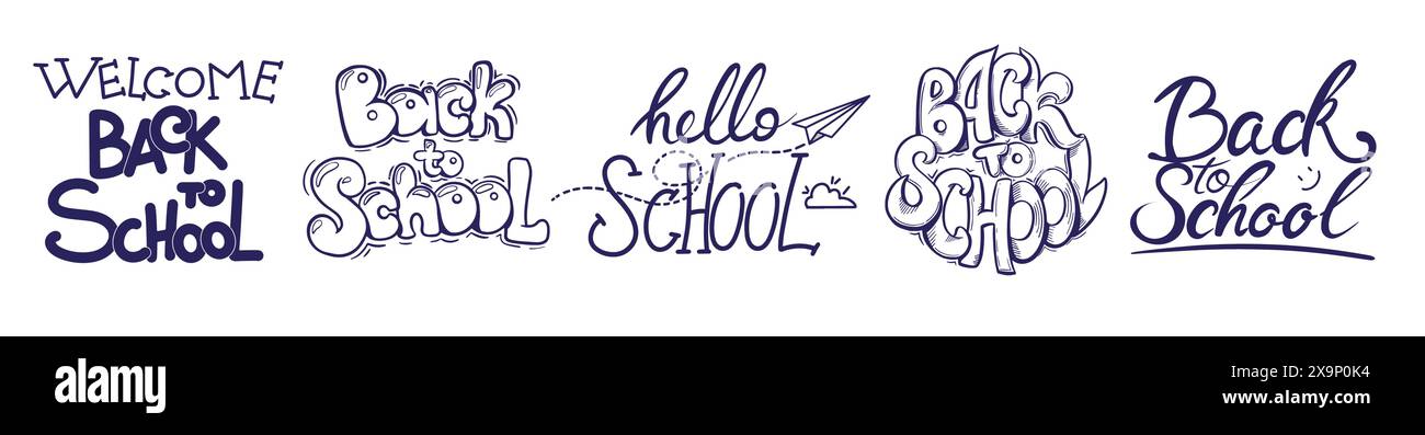Collection of back to school lettering. Handwritten greeting words to ...