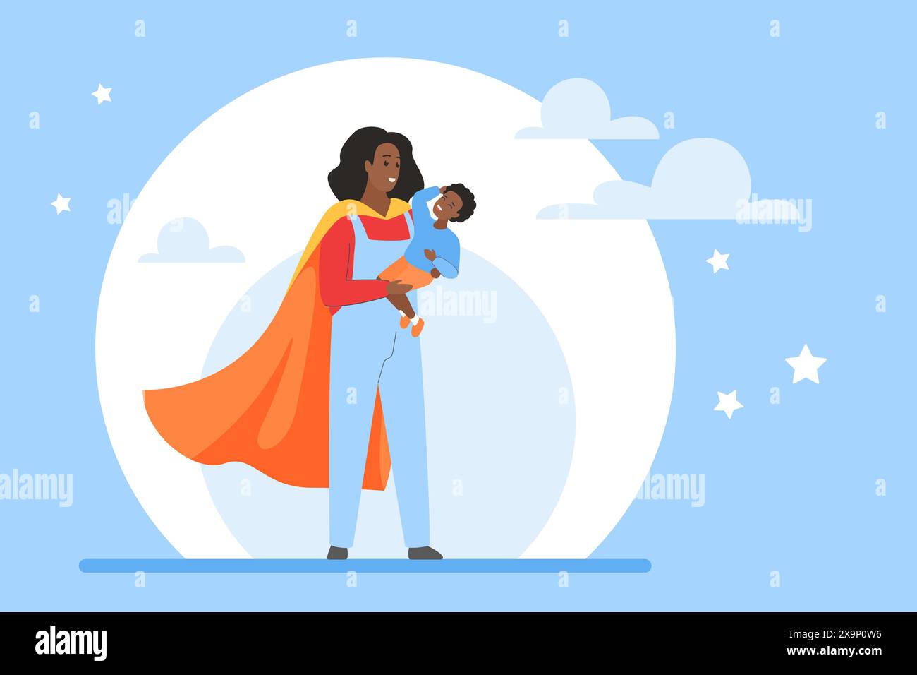 Mother superhero holding baby son to protect and care with love. Happy ...