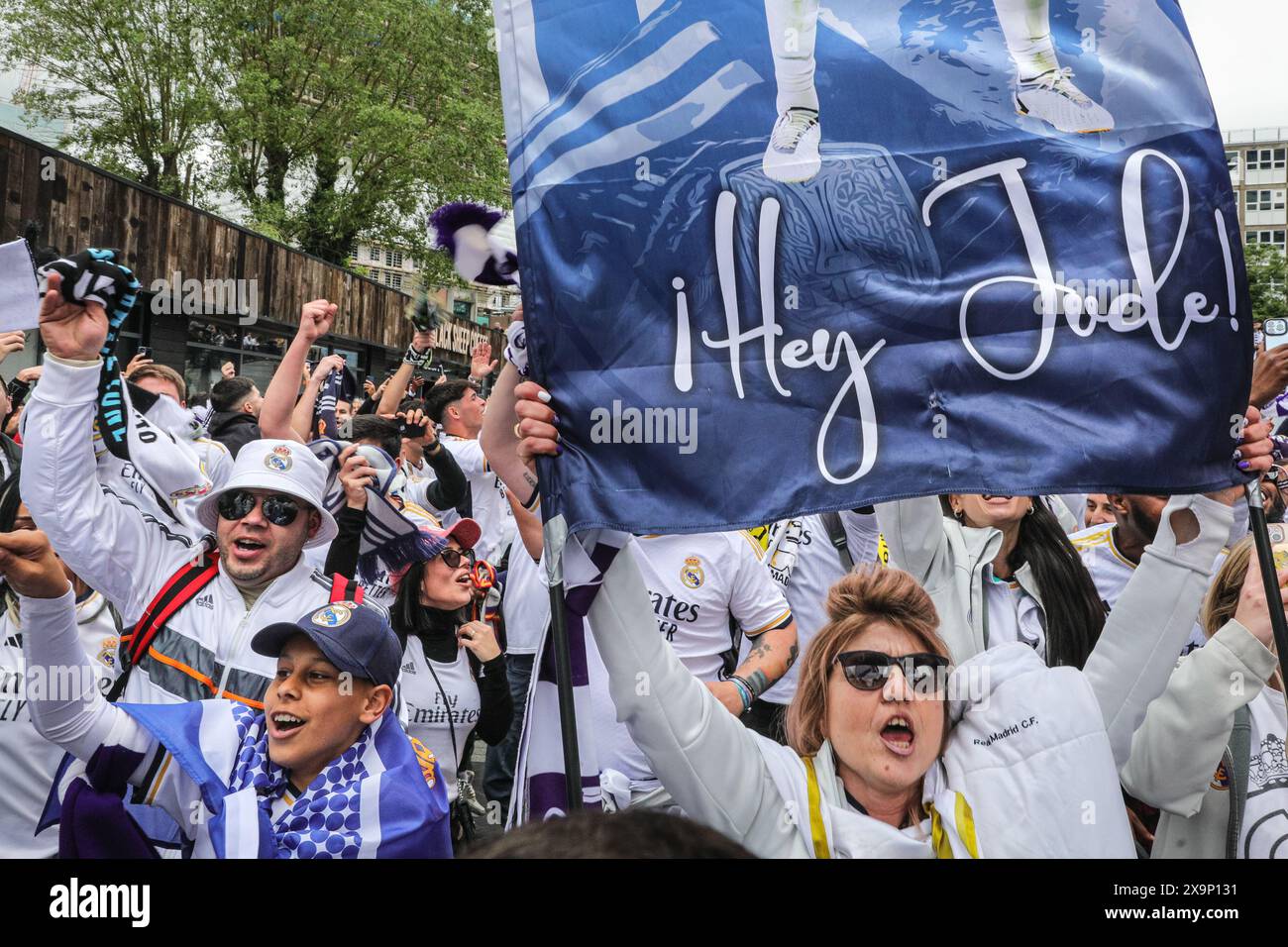 London, UK. 01st June, 2024. A group of Real Madrid fans with scarves ...