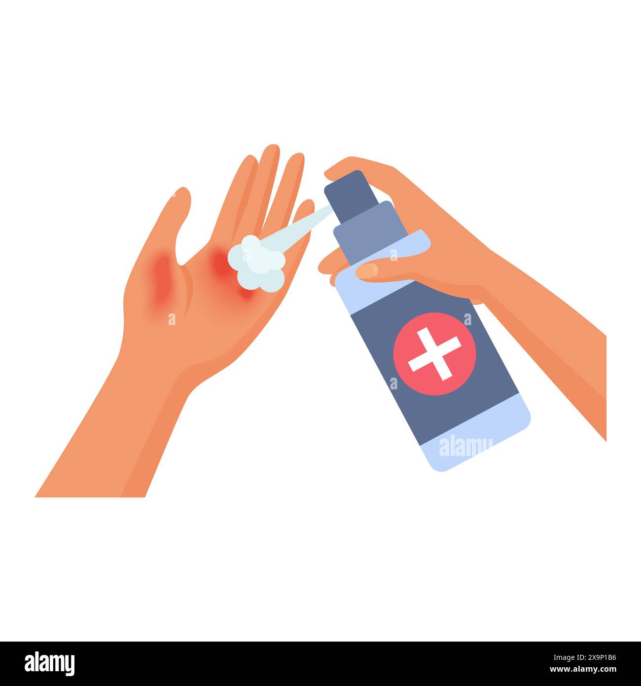 Hand applying healing spray from bottle with medical cross to damaged ...