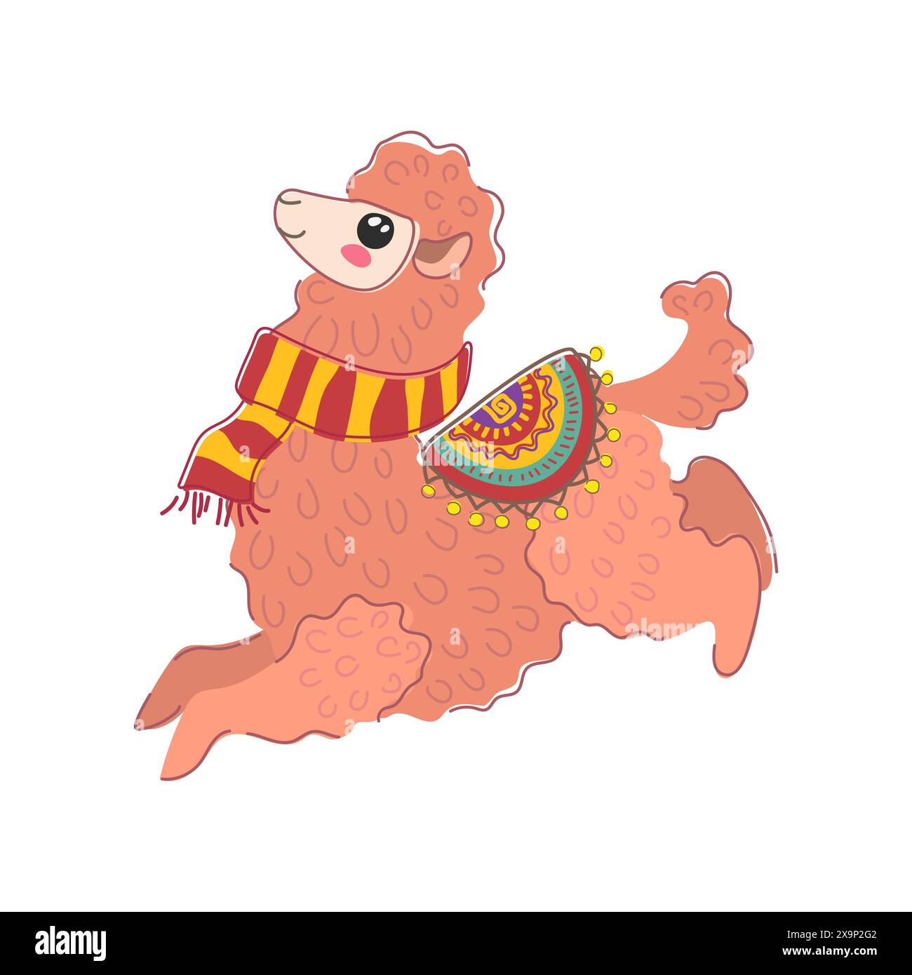 Cute llama wearing striped scarf, animal running and jumping vector ...