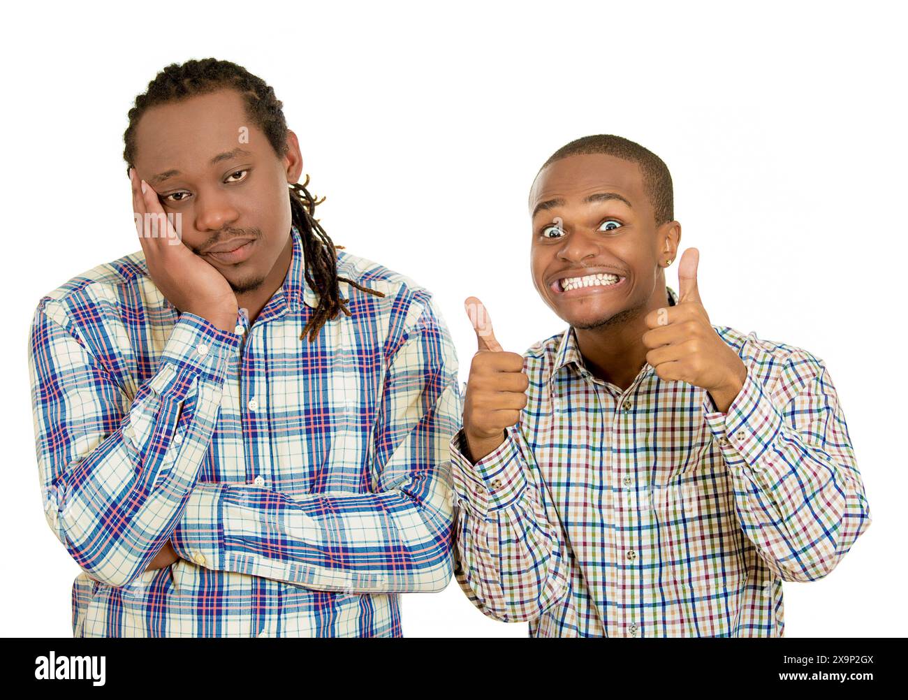 Closeup portrait two men, friends, one being excited, smiling, happy ...