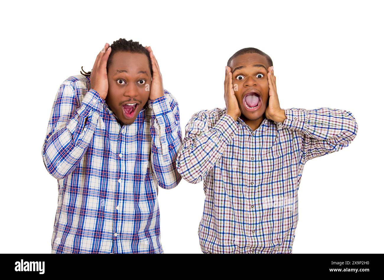 Closeup portrait two handsome young men looking shocked, surprised in ...