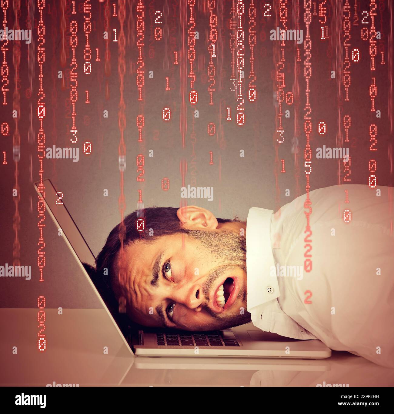 Desperate employee, stressed man resting head on laptop with binary ...