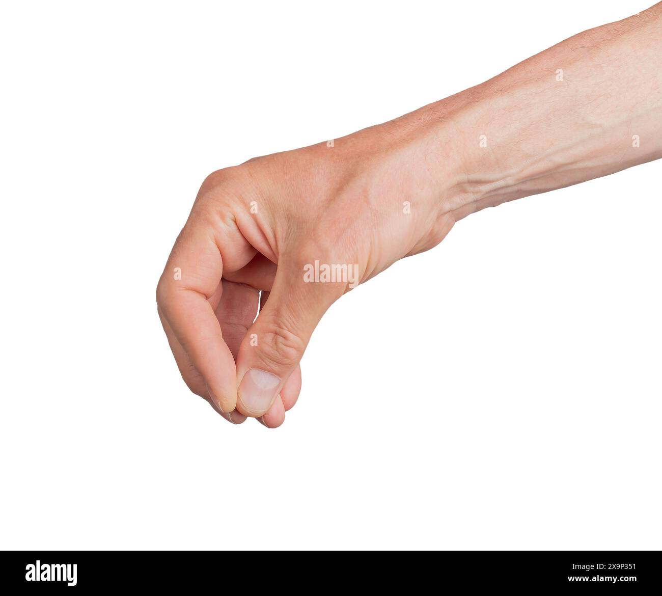 Hand pinching finger, white background. Person s wrist, thumb catching ...