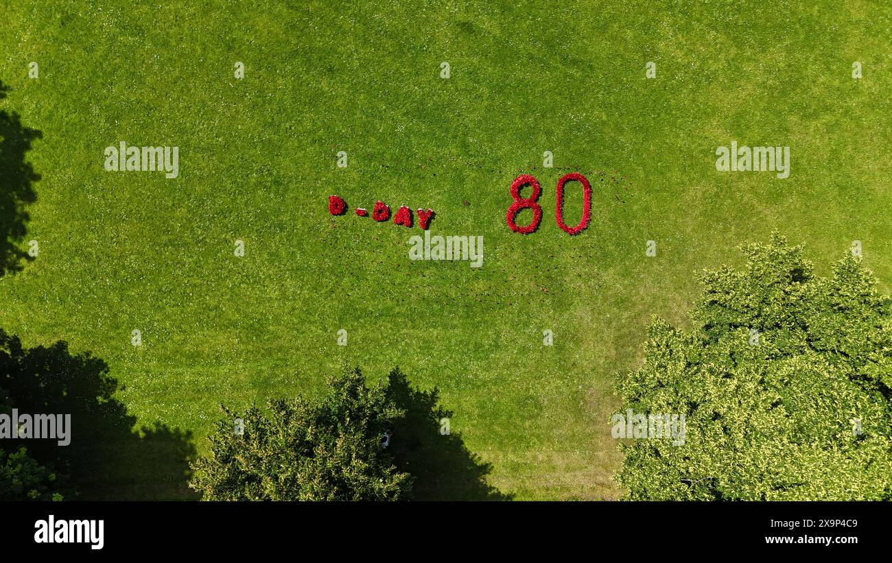 An aerial view of a memorial tribute consisting of poppies in Braywick ...