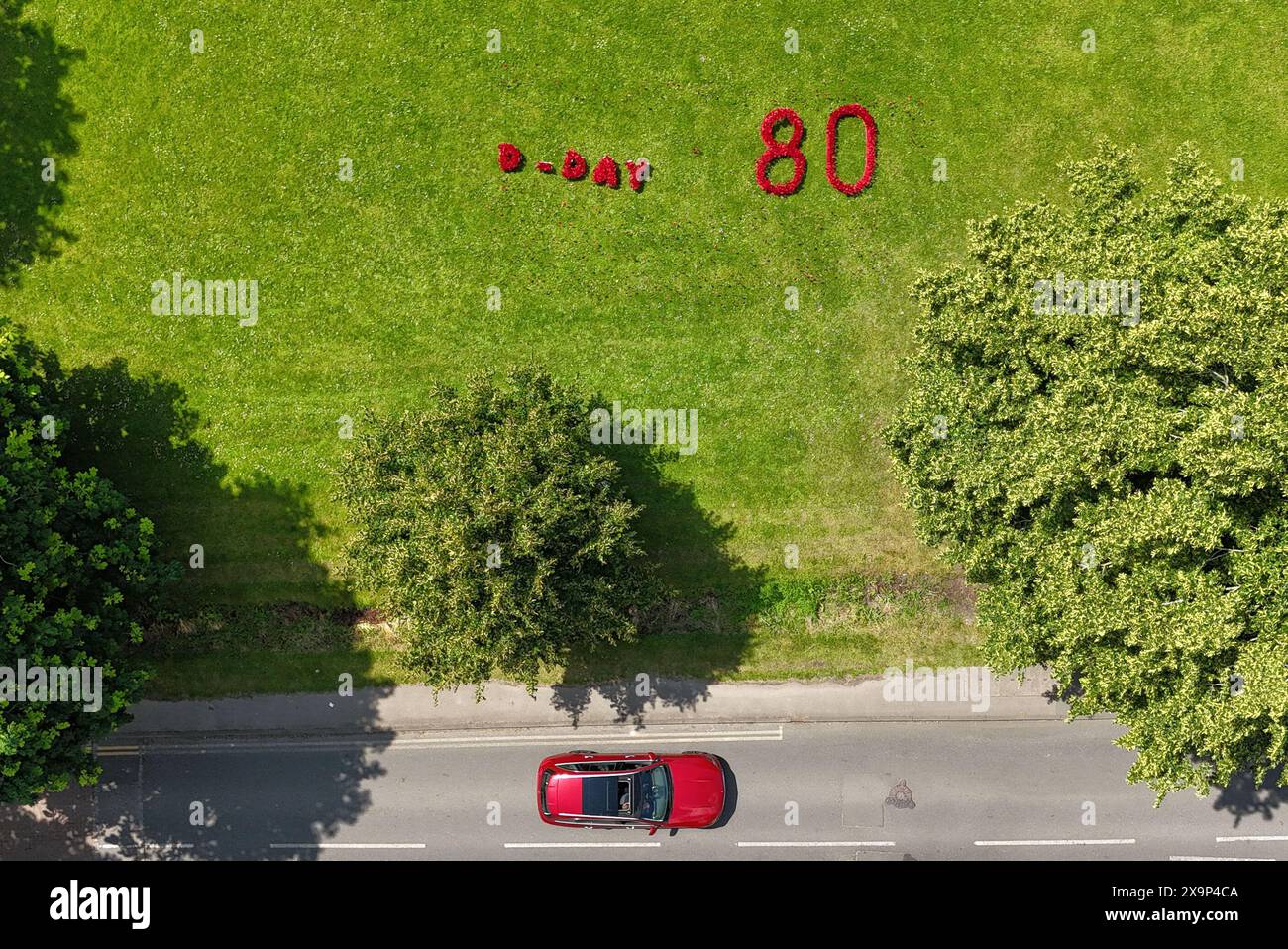 An aerial view of a memorial tribute consisting of poppies in Braywick ...