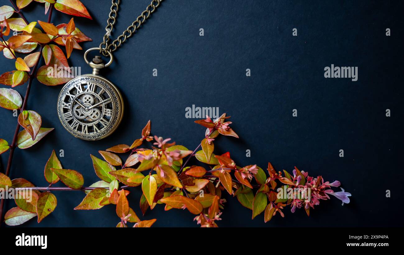 Vintage pocket watch on a chain with autumn leaves on a dark background ...