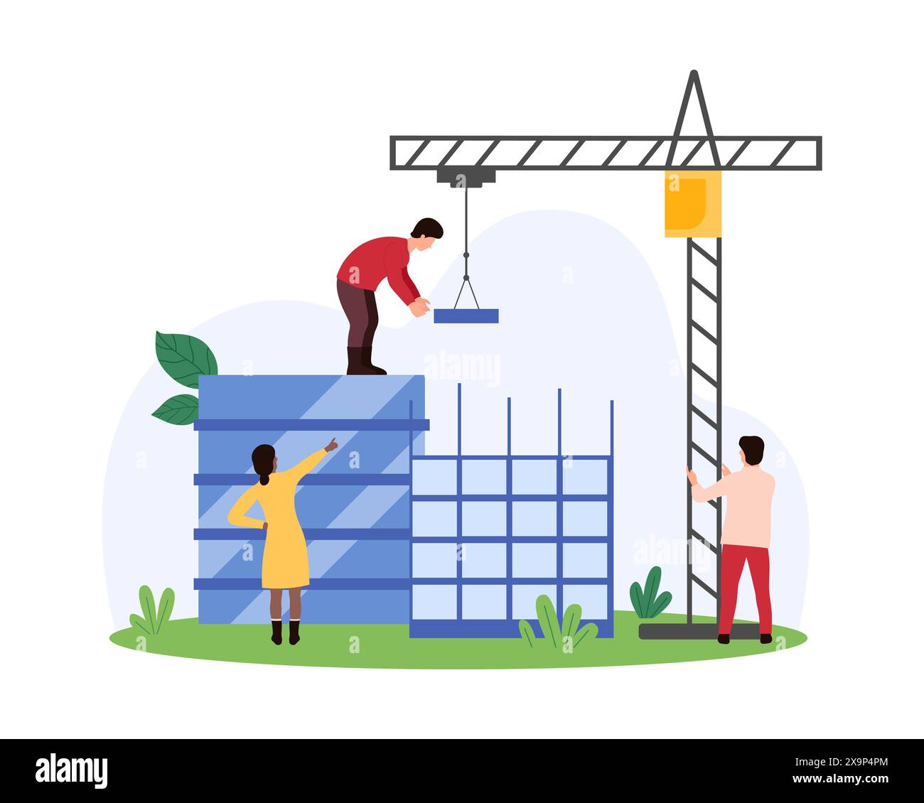 Development of urban architecture, building construction by project. Tiny people and ...