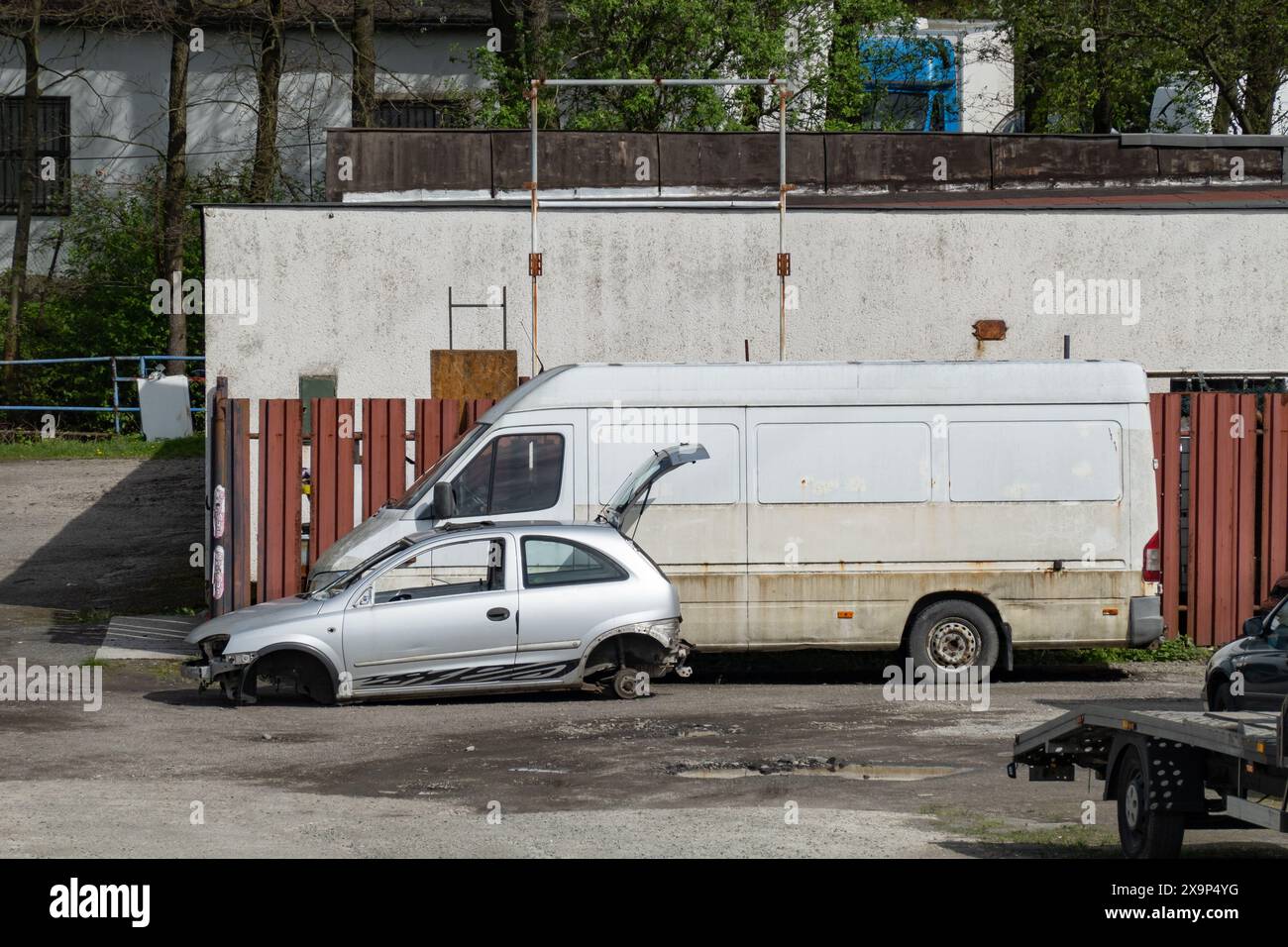 PROSTREDNI SUCHA, CZECH REPUBLIC - APRIL 5, 2024: Wrecks of Mercedes ...