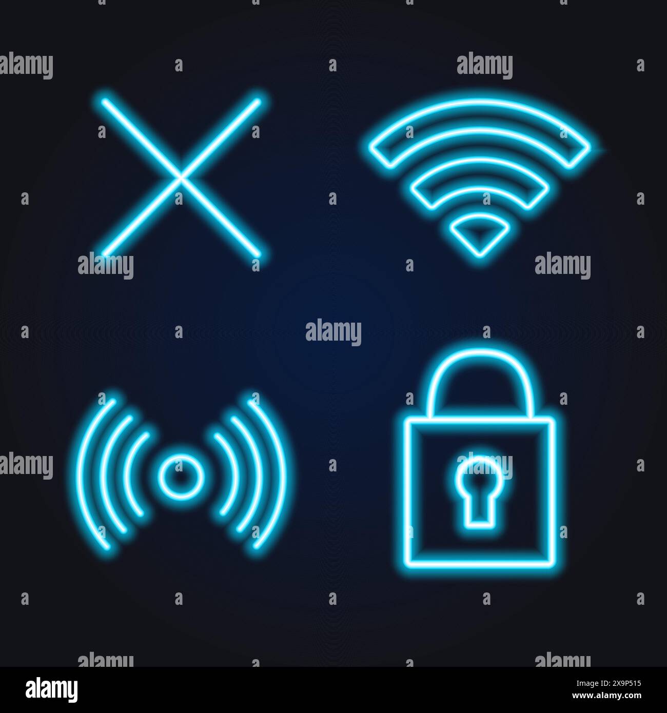wifi signal, blue neon glow icon, cross, and lock set Stock Vector ...