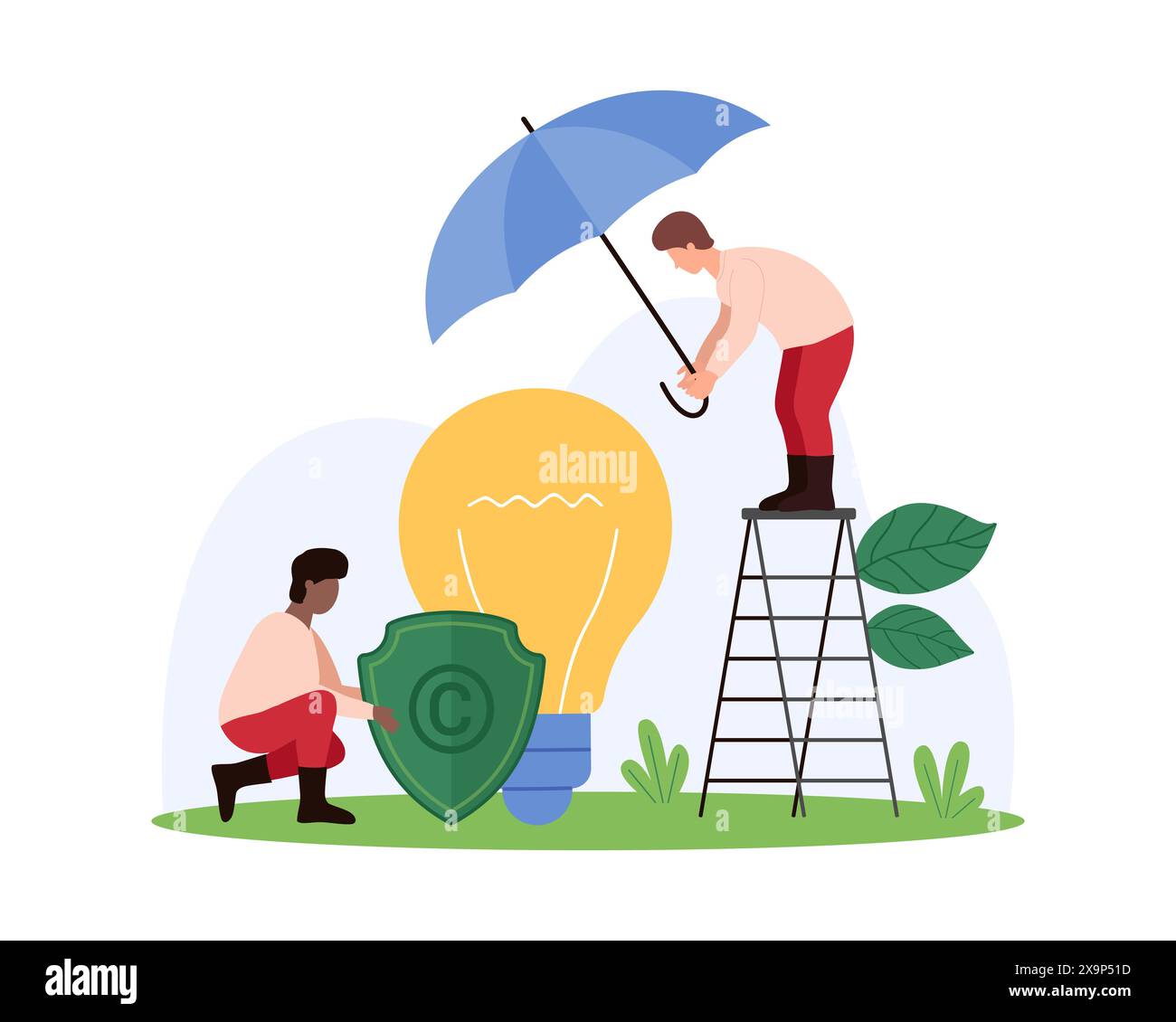 Protection of intellectual property and copyrights. Tiny people holding ...