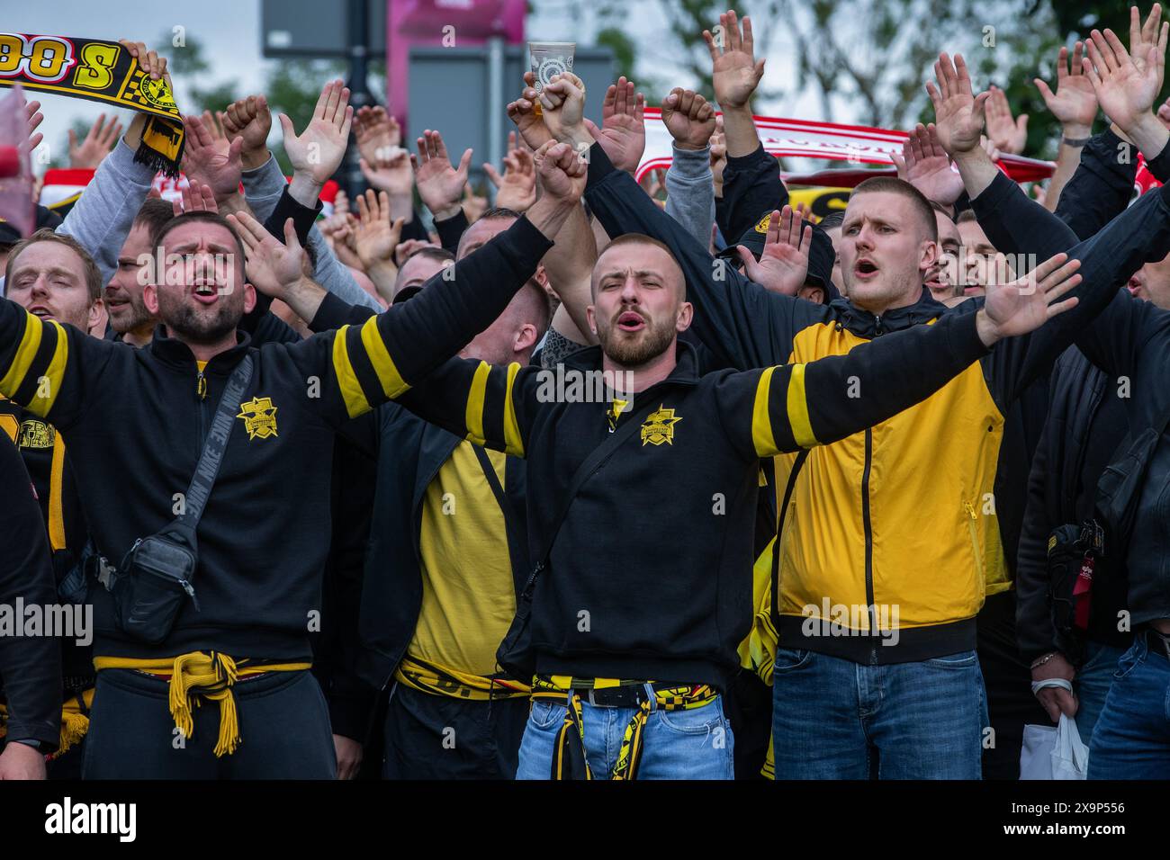 London, UK. 1st June, 2024. Borussia Dortmund ultras march to Wembley ...