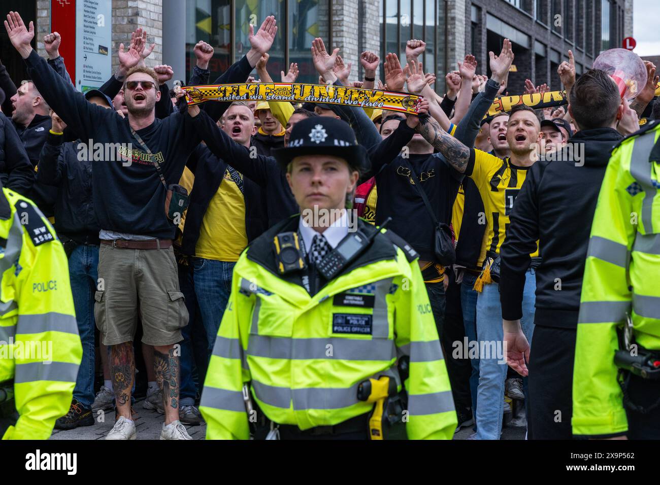 London, UK. 1st June, 2024. Borussia Dortmund ultras march to Wembley ...