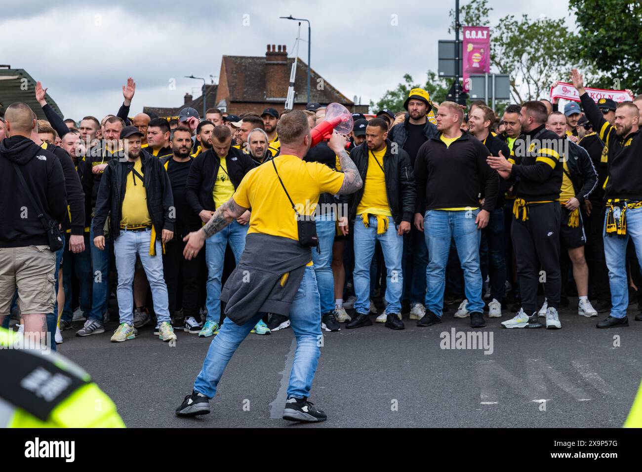 London, UK. 1st June, 2024. Borussia Dortmund ultras march to Wembley ...