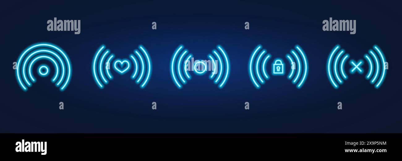 wifi signal set, wave communication, neon glow, heart and lock Stock ...