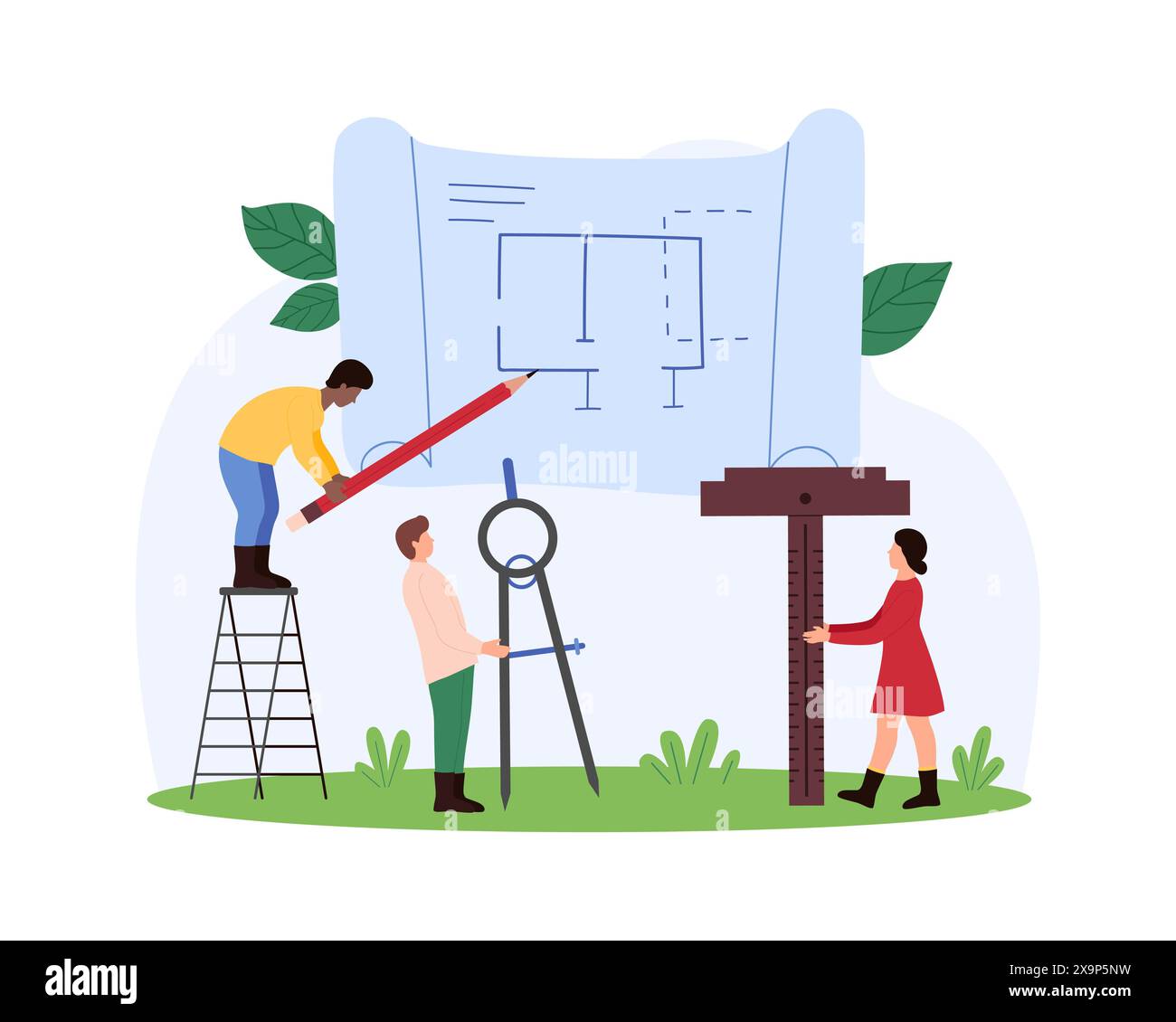Construction plan development process, city architecture. Tiny people ...