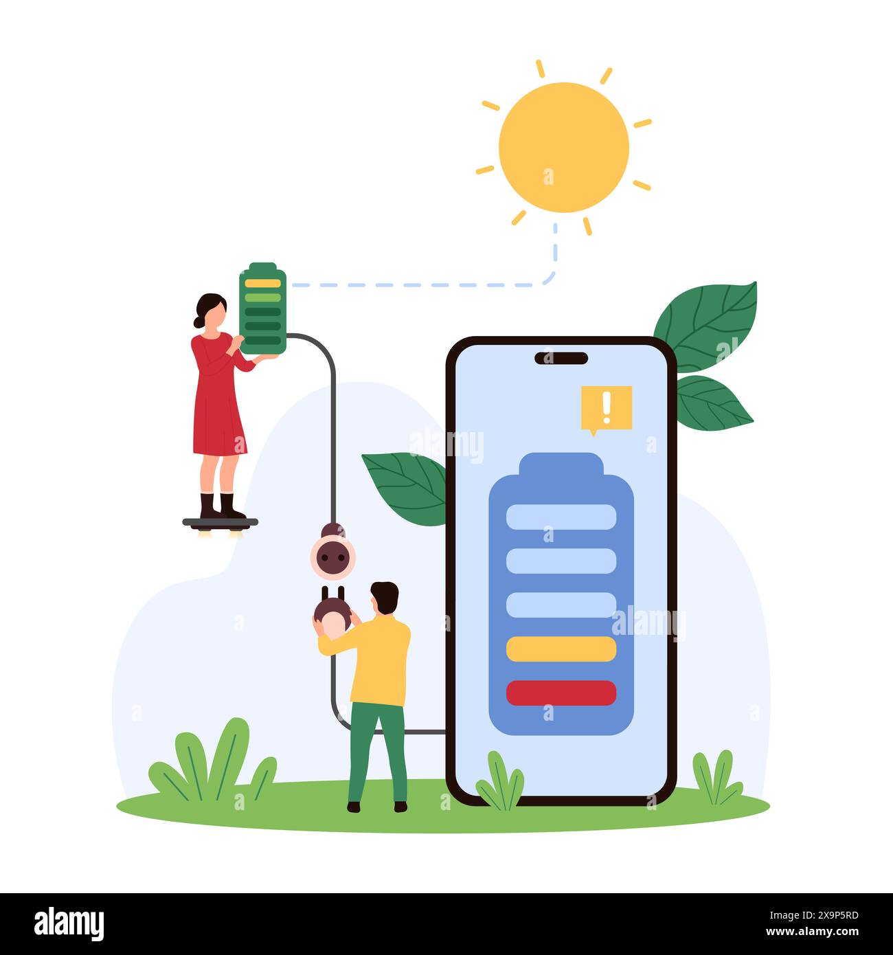 Illustrates miniature characters using solar power to charge a mobile ...