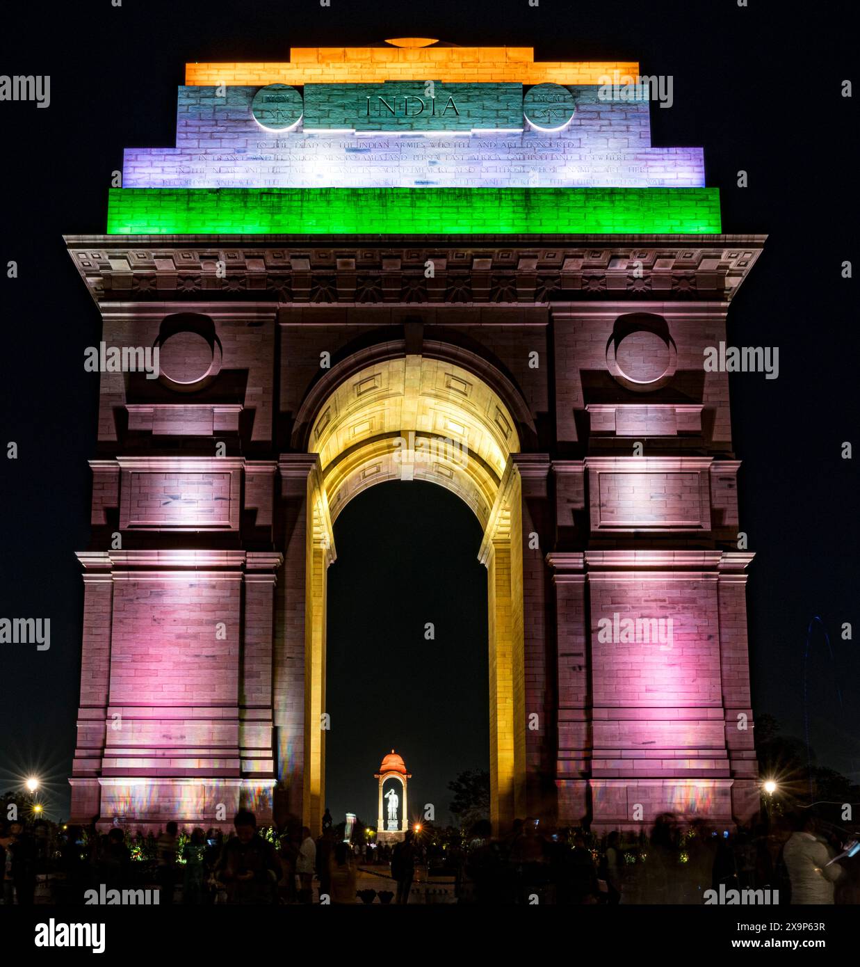 India gate monument lit in the colors of the indian flag, against a ...