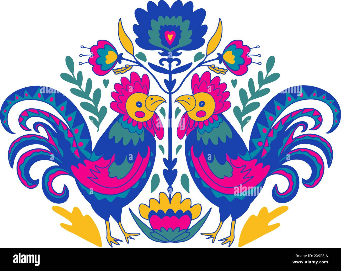 Polish folk art embroidery ornament with cocks - traditional folk ...