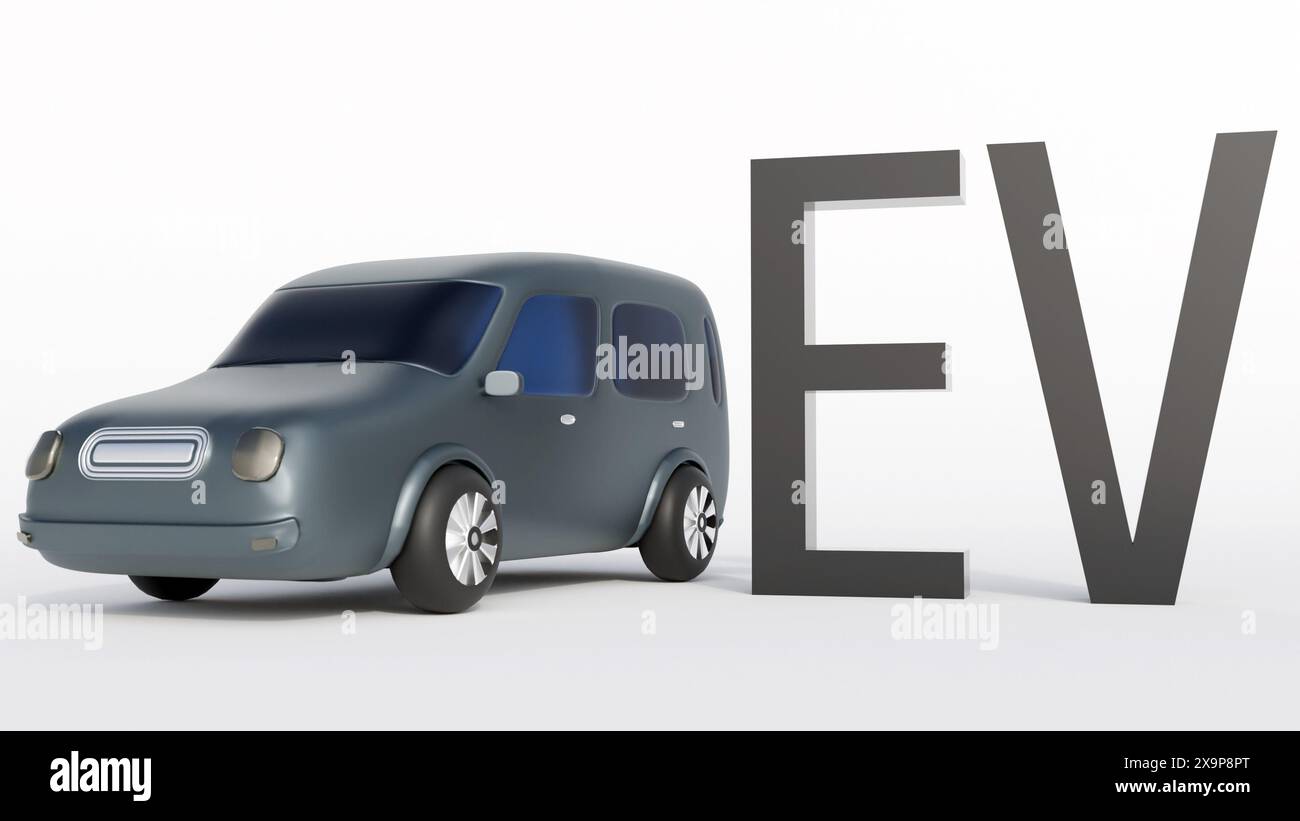 3D rendering of silver electric vehicle (EV) parked next to a metallic ...