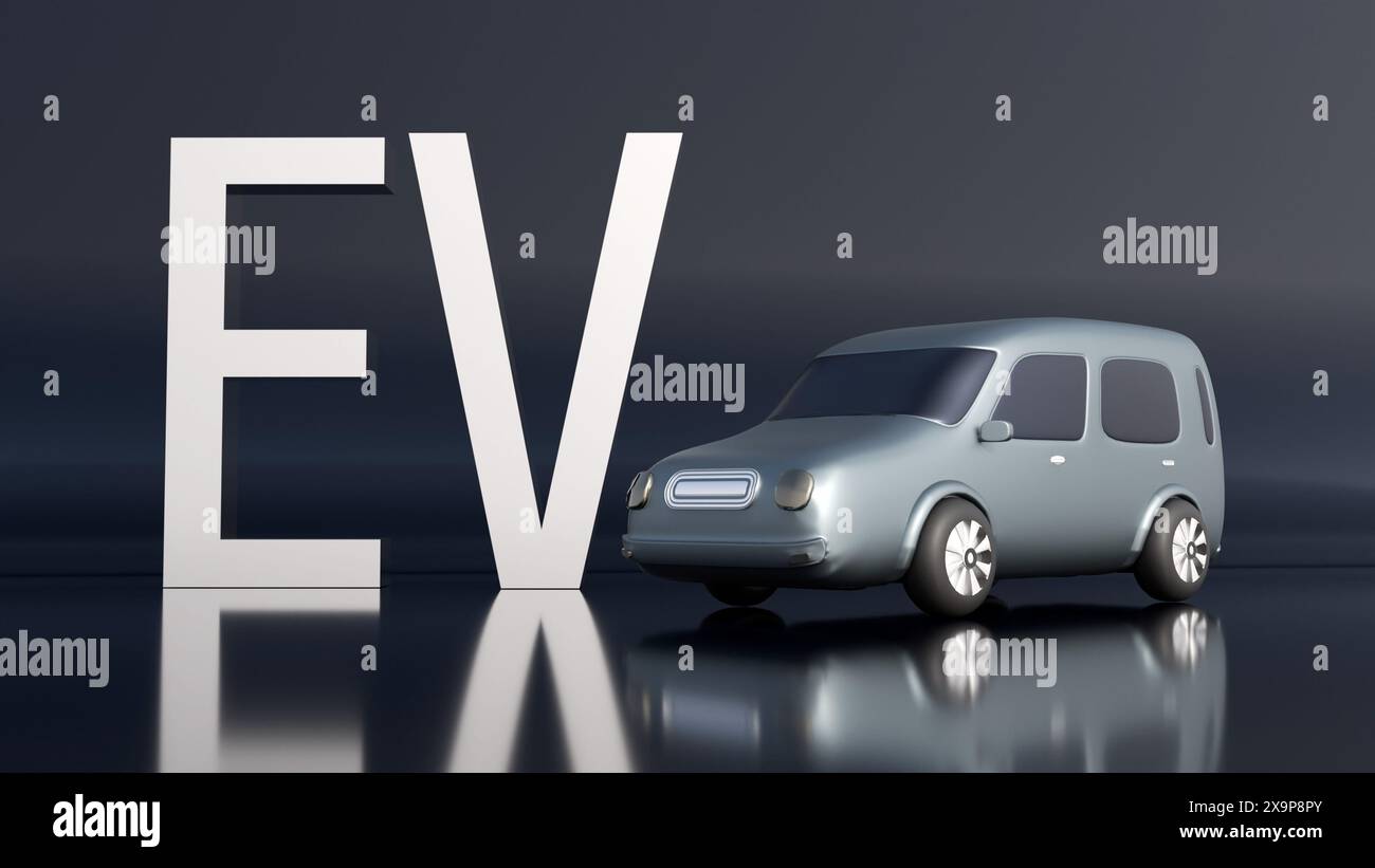 3D rendering of silver electric vehicle (EV) parked next to a metallic ...