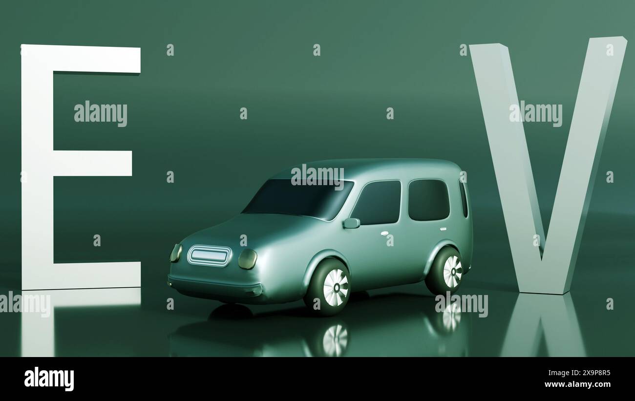 3D rendering of silver electric vehicle (EV) parked next to a metallic ...
