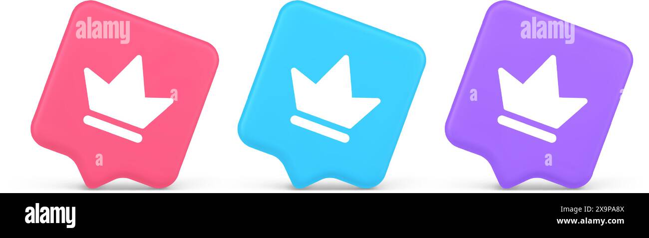 Crown button royal medieval king queen headdress web app 3d realistic speech bubble pink blue ...